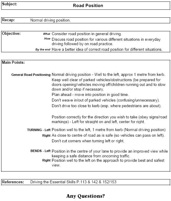 Driving Lesson Plan - Road Positioning - Provided By Martin's Driving ...